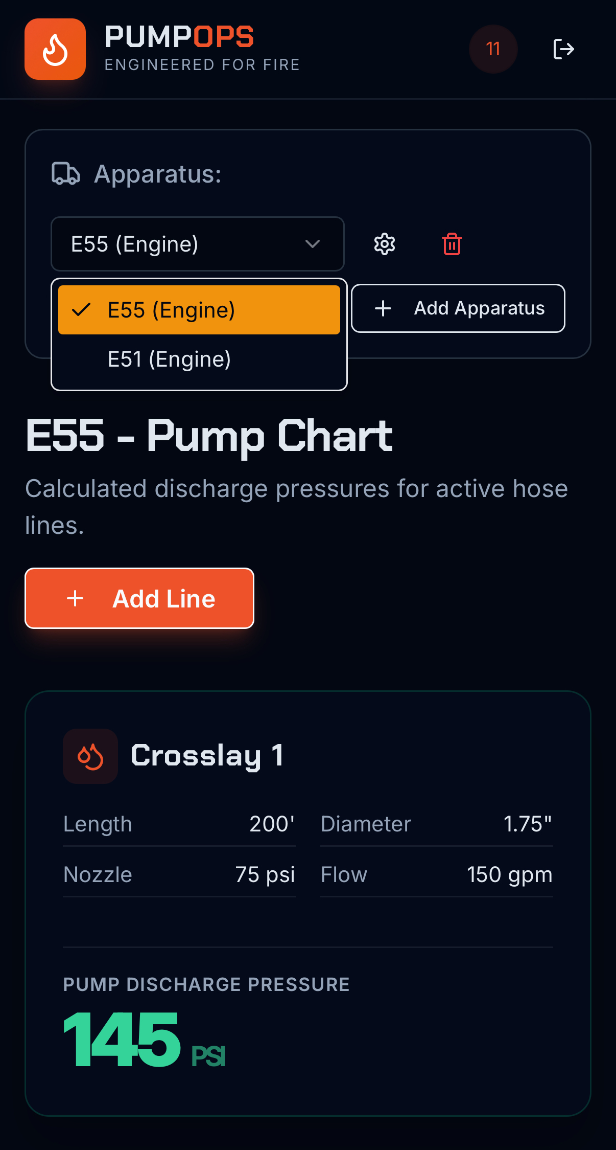 PumpOps app showing the add new hose line form with pump discharge ...